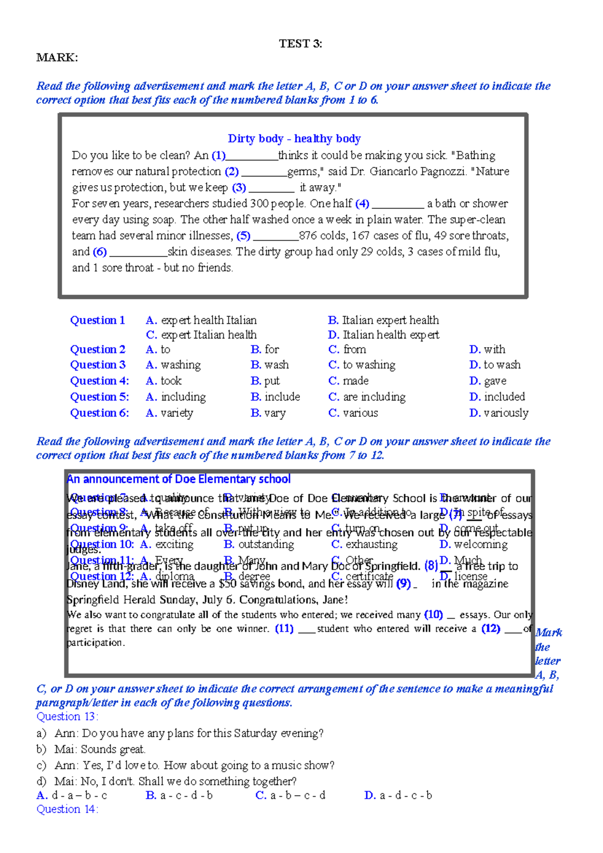 TEST 3: English Language Comprehension and Grammar Exercises - Studocu