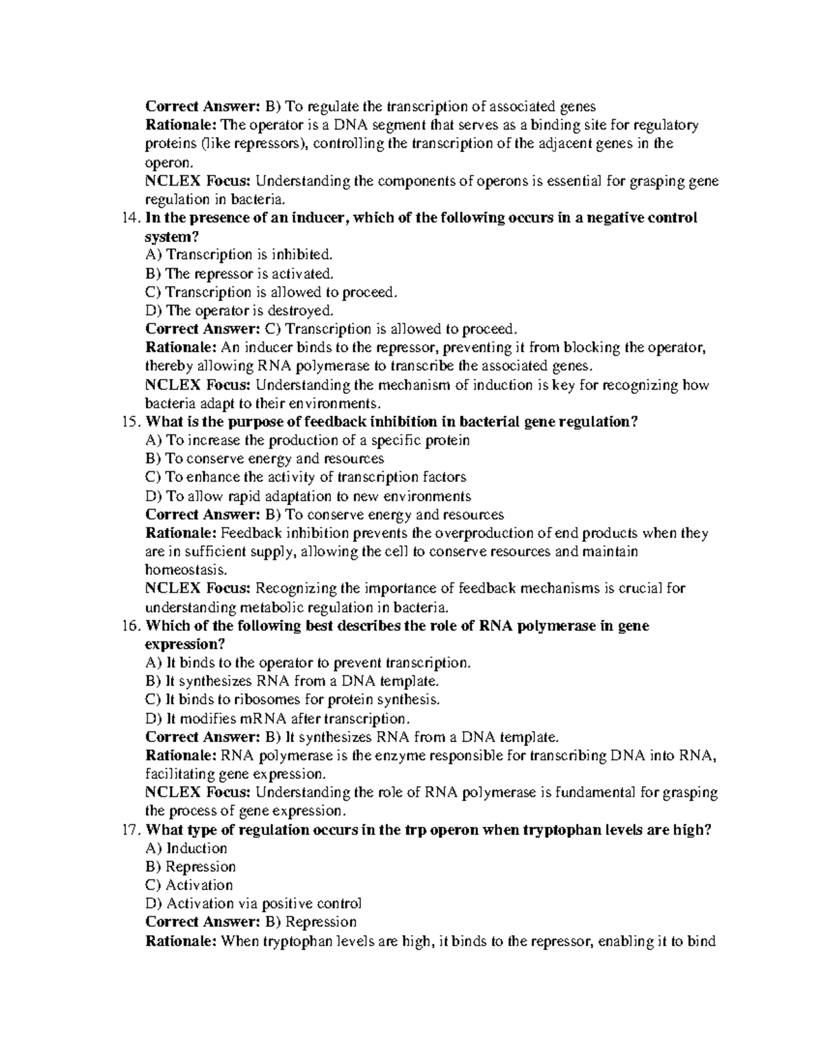 Genetics Test Bank: Key Concepts in Gene Regulation (Course Code: 6766 ...