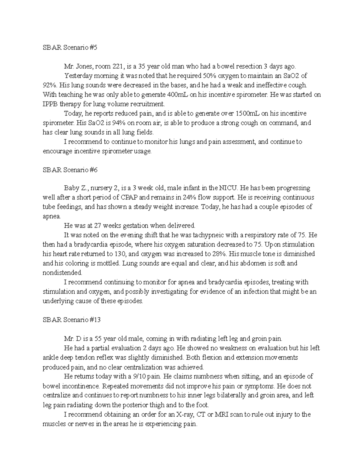 SBAR Scenarios for Patient Assessments in Healthcare Settings - Studocu