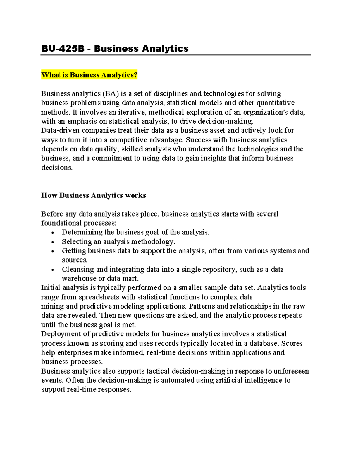 Business Analytics Overview: Key Concepts and Applications - Studocu