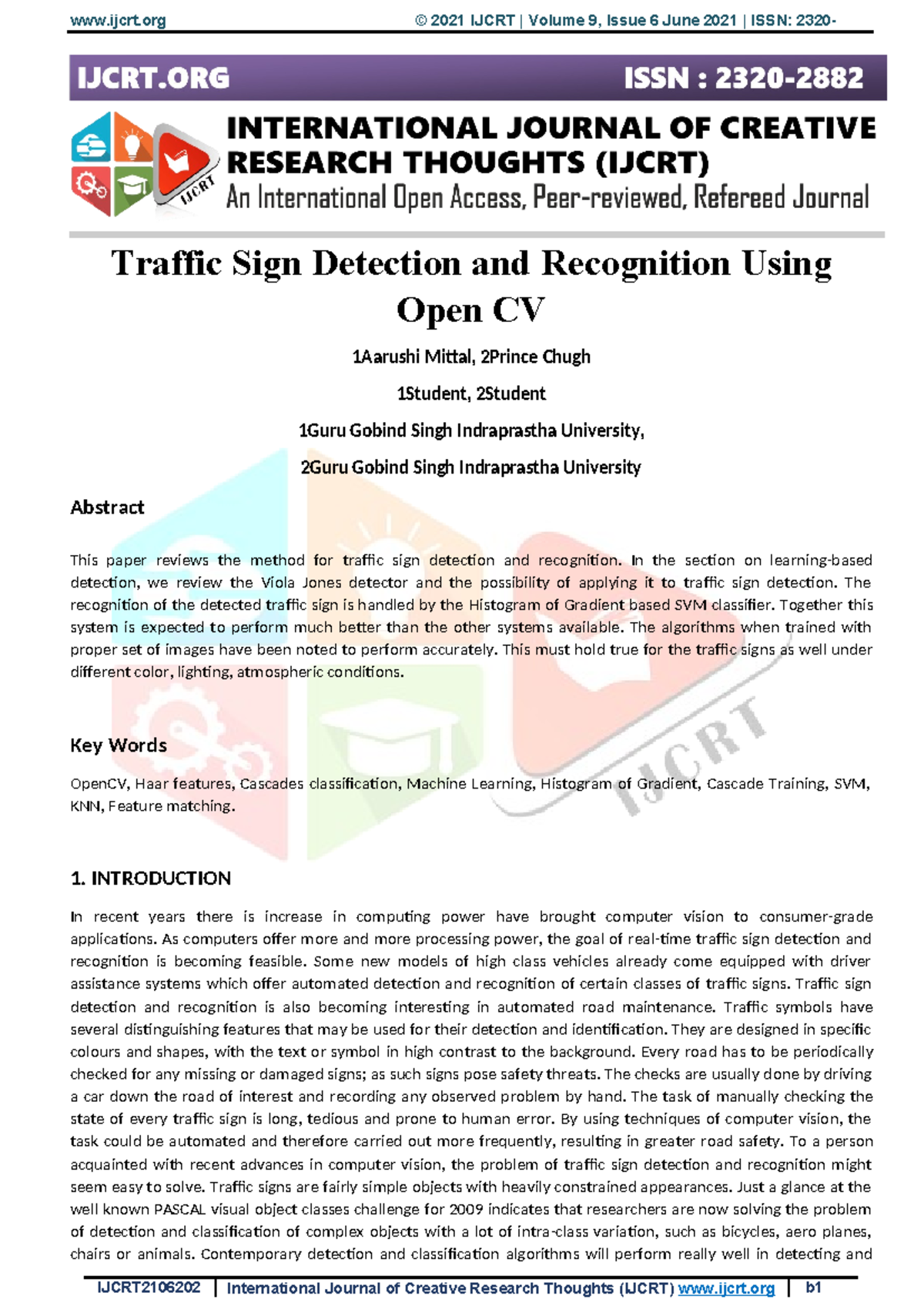 Ijcrt 2106202 - Traffic Sign Detection & Recognition Using OpenCV - Studocu