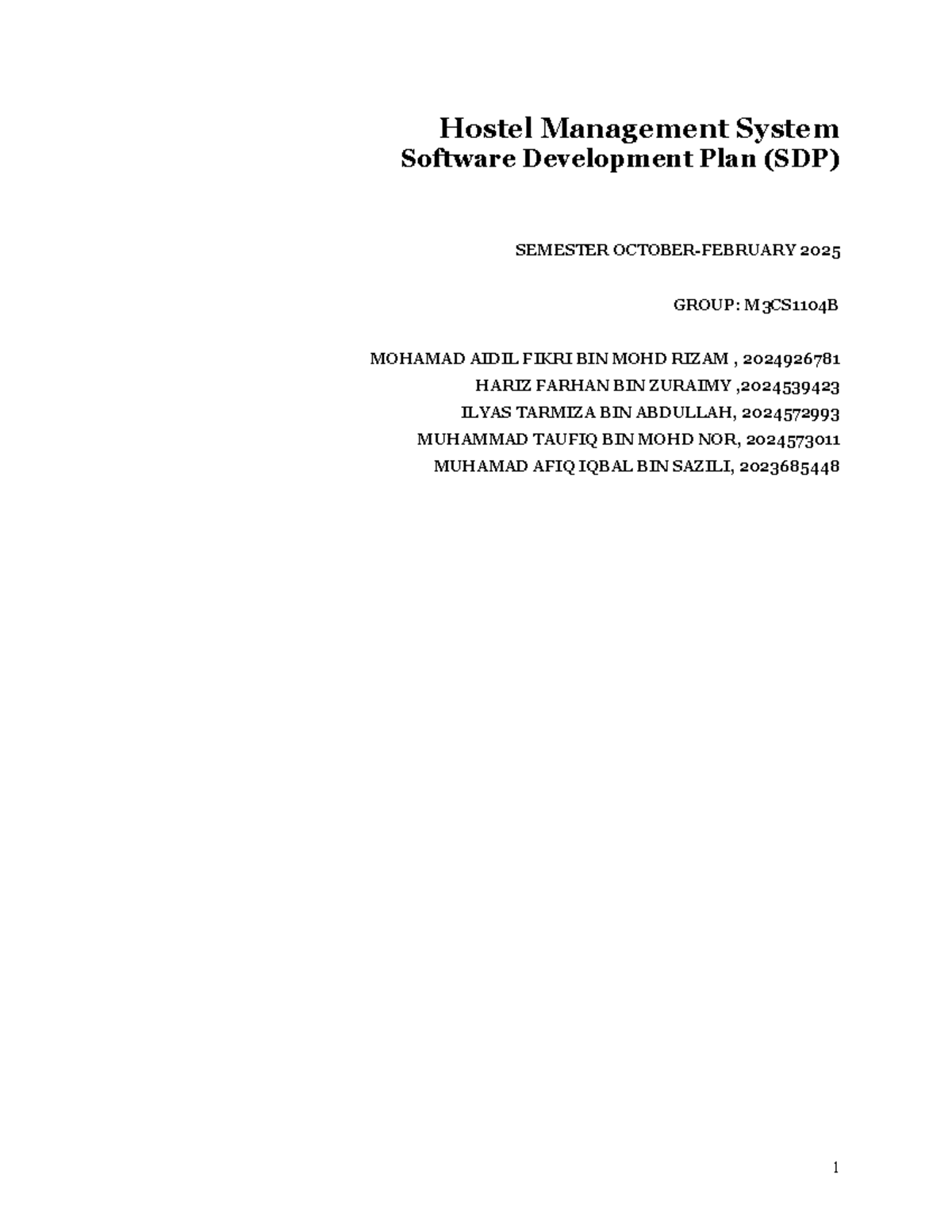 Hostel Management System Software Development Plan (SDP) - M3CS1104B ...