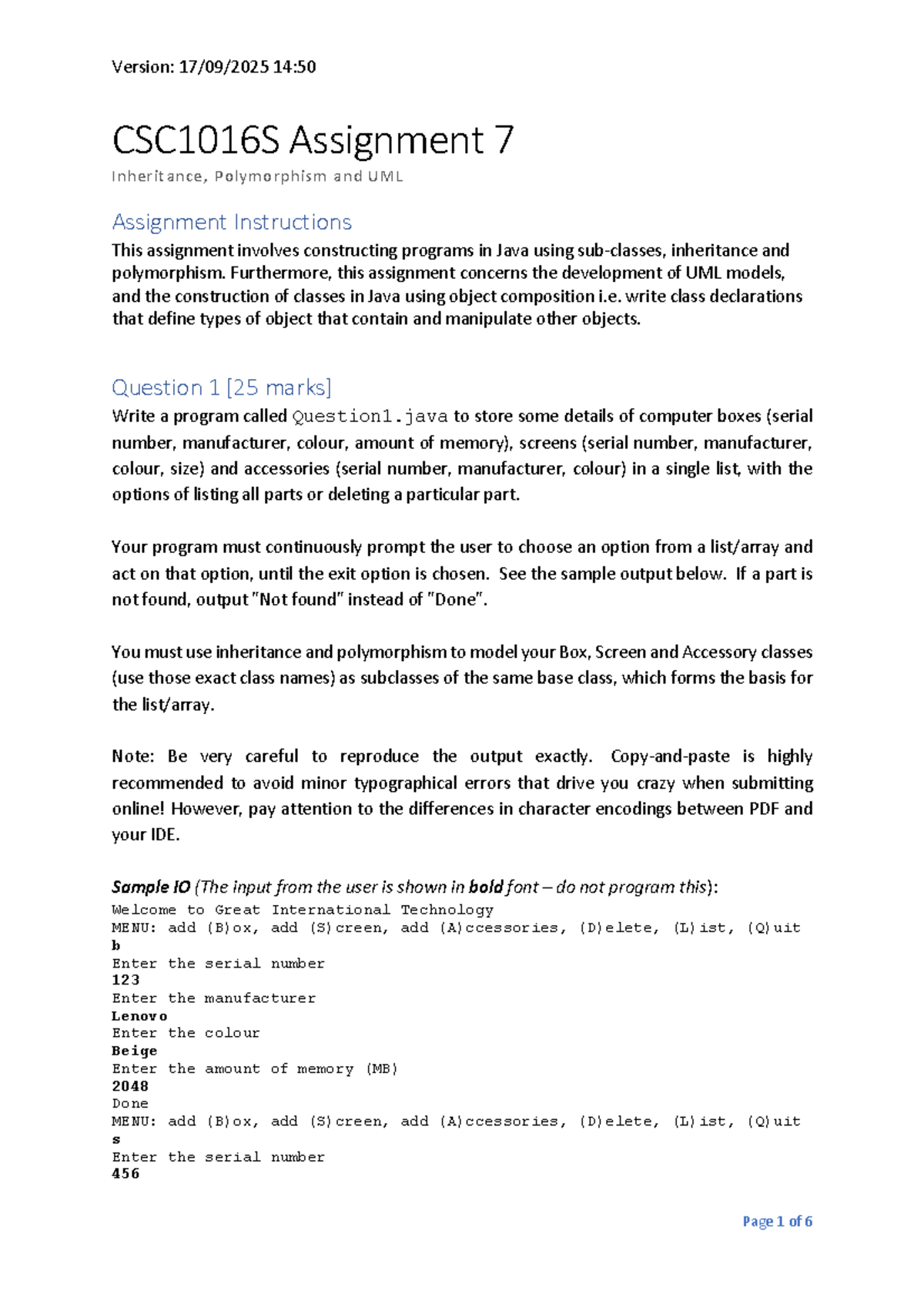 CSC1016S Assignment 7: Inheritance, Polymorphism & UML Concepts - Studocu