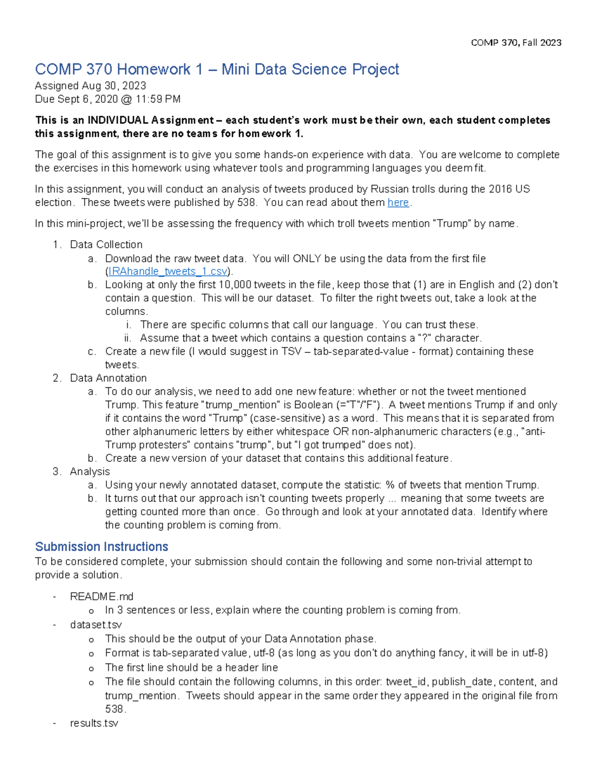 Homework 01 - Mini Data Science Project - COMP 370 - Fall 2023 - Studocu