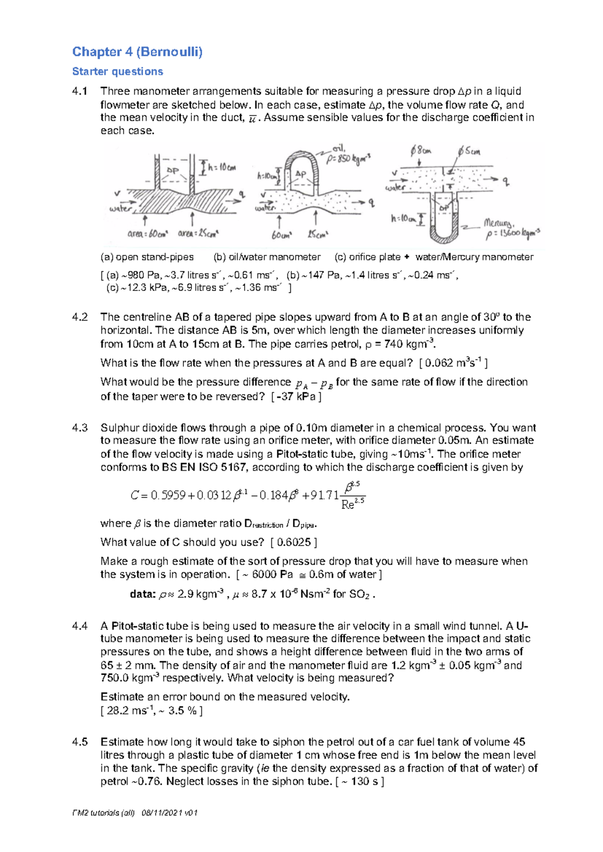 Chapter 4 (FM2) Tutorial Questions on Bernoulli and Flow Measurement ...