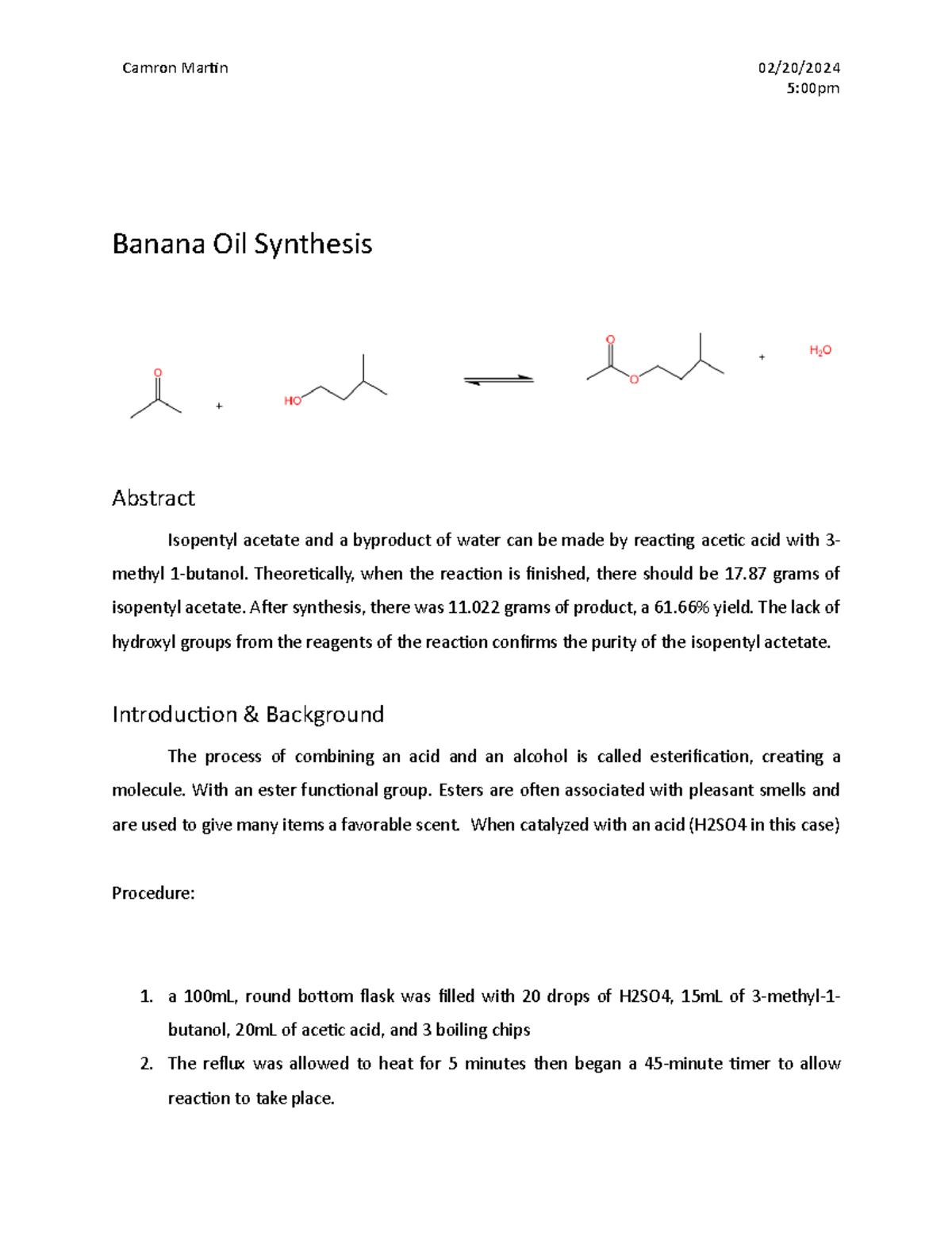 Banana oil synthesis lab report copy - 5:00pm Banana Oil Synthesis ...