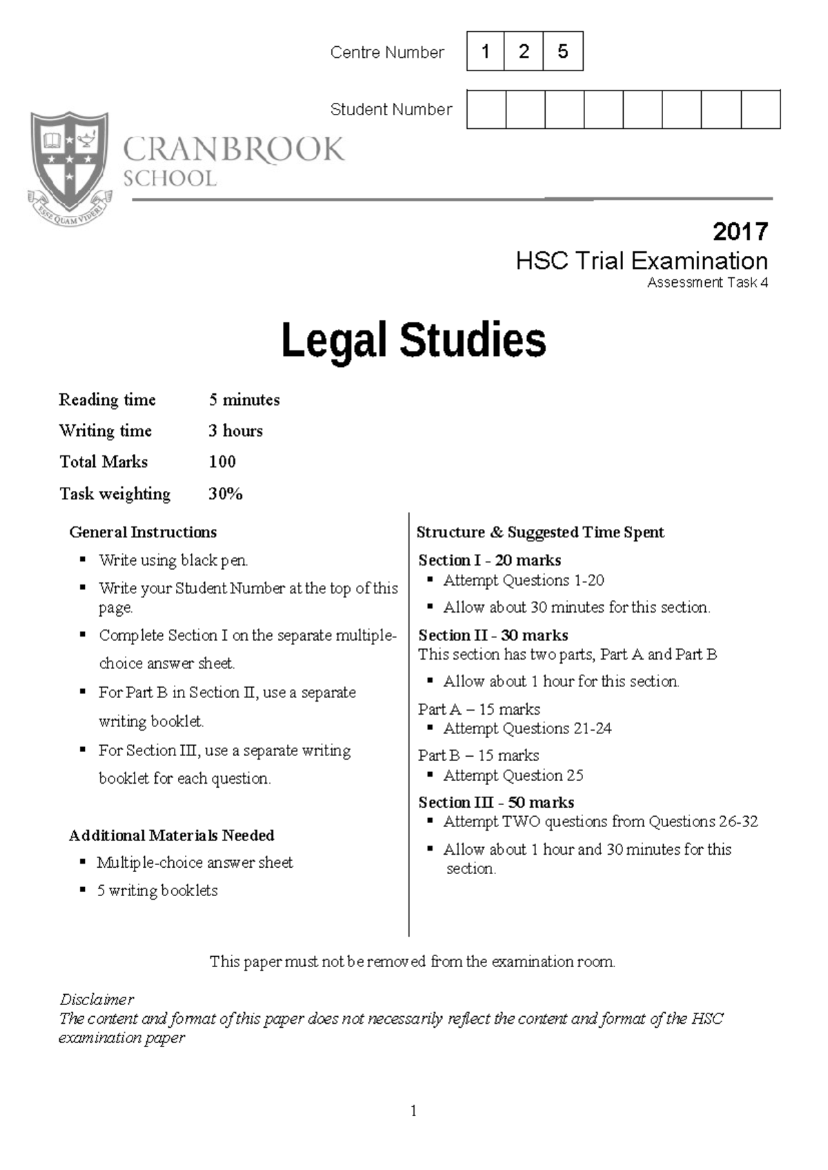 2017 HSC Legal Studies Trial Exam - Assessment Task 4 - Studocu