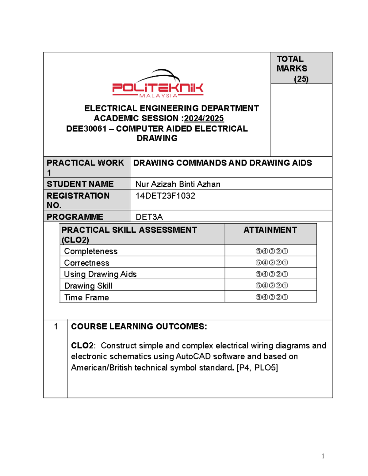 DEE30061 - Practical Work 1: Electrical Drawing Commands & Aids - Studocu