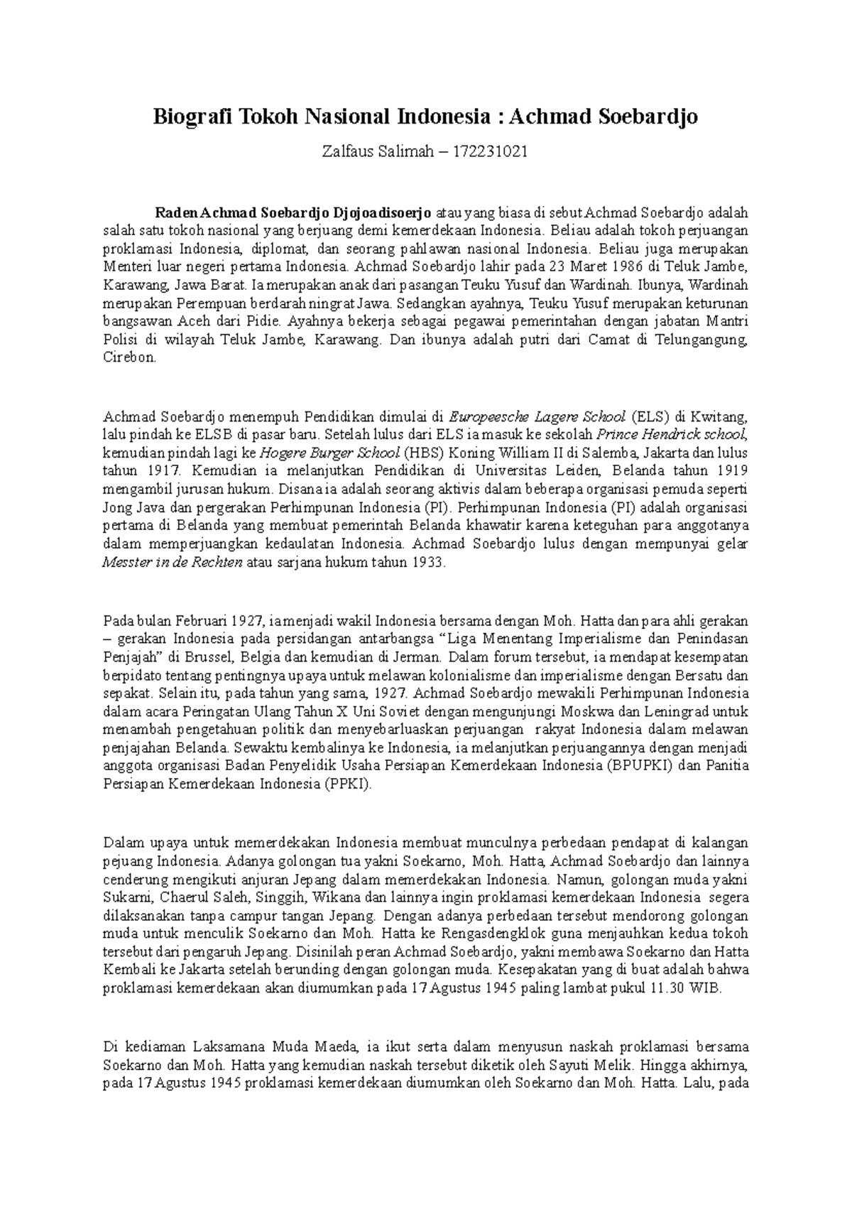 Biografi Achmad Soebardjo: Perjuangan untuk Kemerdekaan Indonesia - Studocu