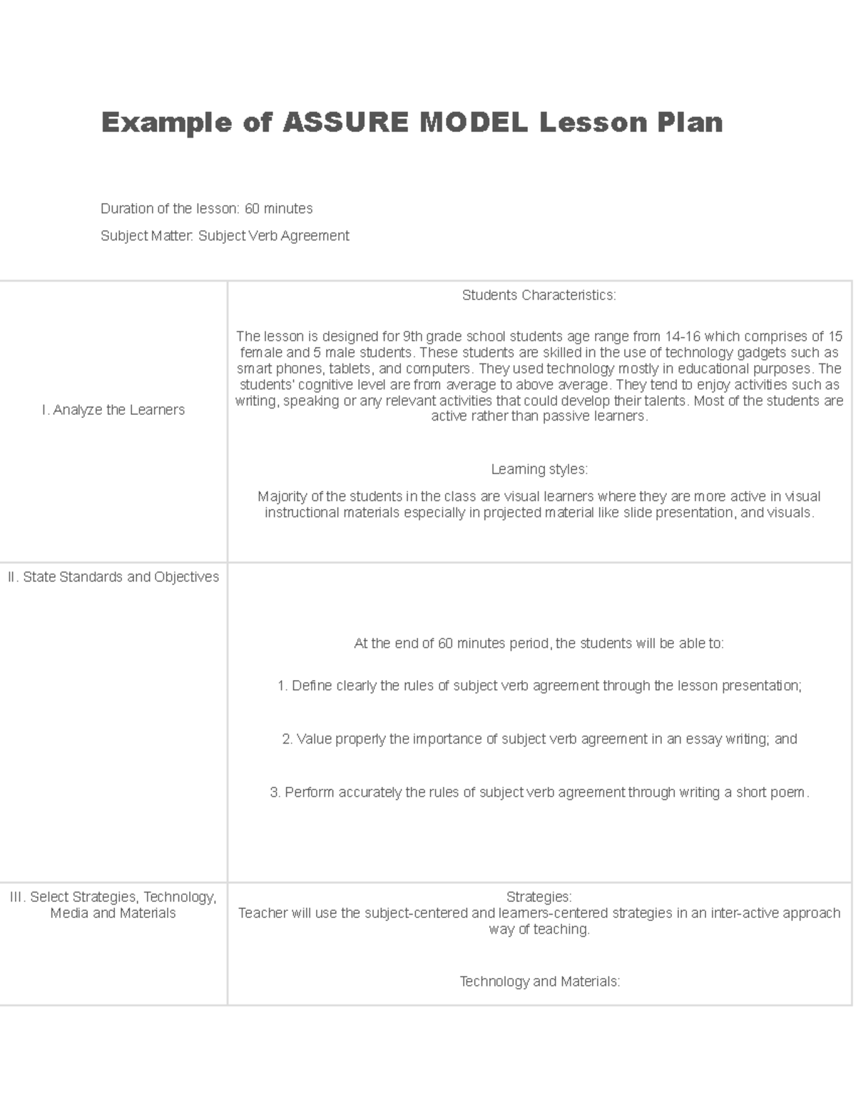ASSURE Model Lesson Plan on Subject Verb Agreement for 9th Grade - Studocu