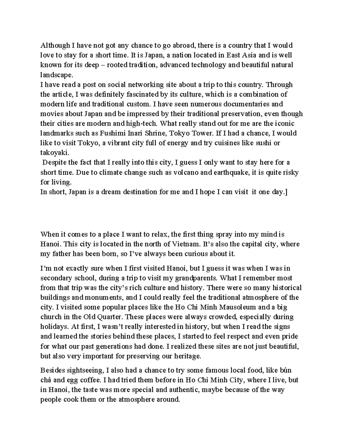 Speaking Part 2: Dream Destinations - Japan & Hanoi - Studocu