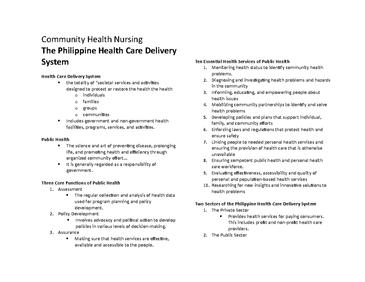 Community Health Nursing Handouts - CHN Notes and Key Concepts - Studocu