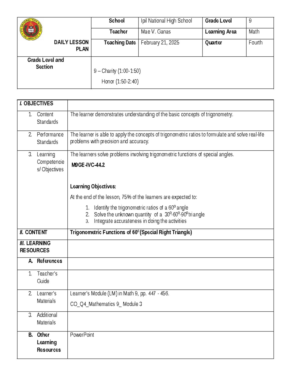 DLP M3 60 (Special Angles) - DAILY LESSON PLAN School Ipil National ...