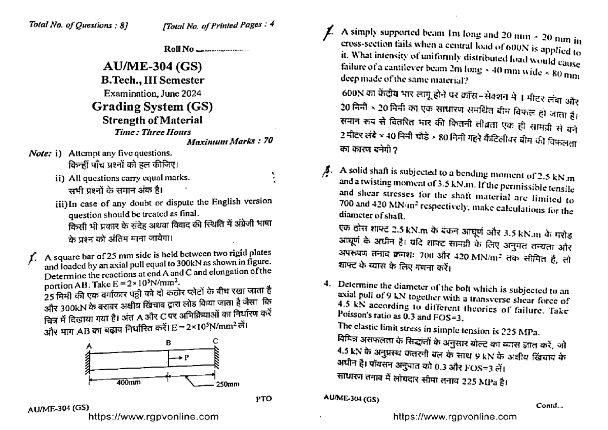 Strength of Materials B.Tech. Exam (GS) - June 2024 - Studocu