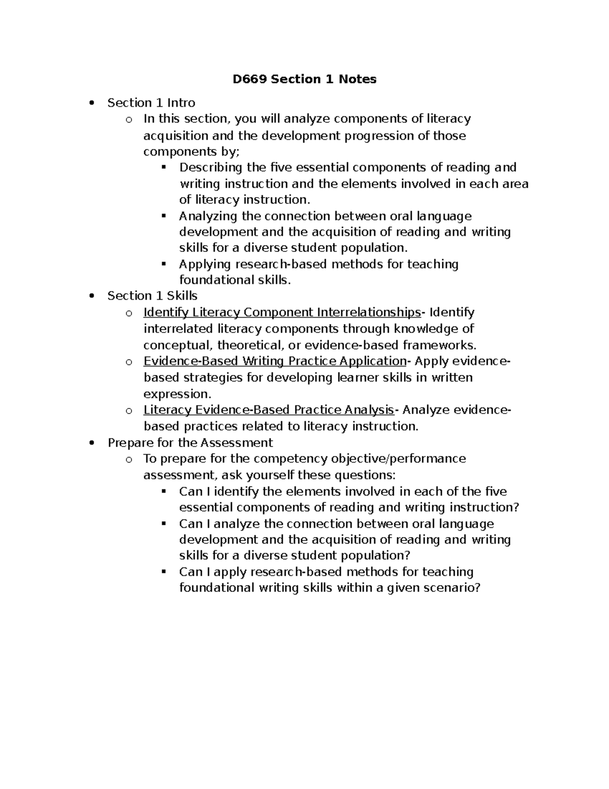 D669 Section 1: Literacy Acquisition & Instruction Components Notes ...