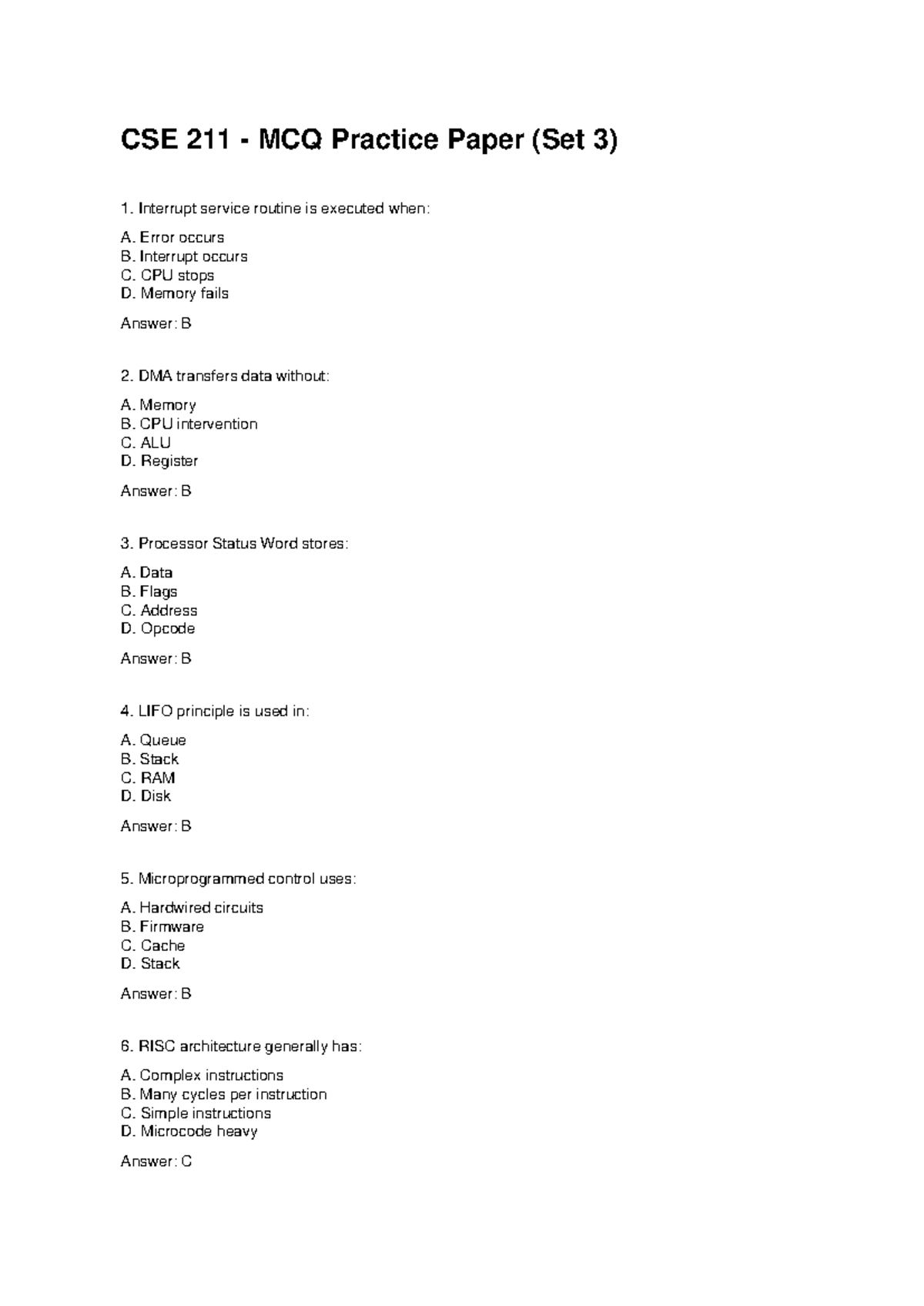 CSE 211 MCQ Practice Paper Set 3 - Revision Notes - Studocu