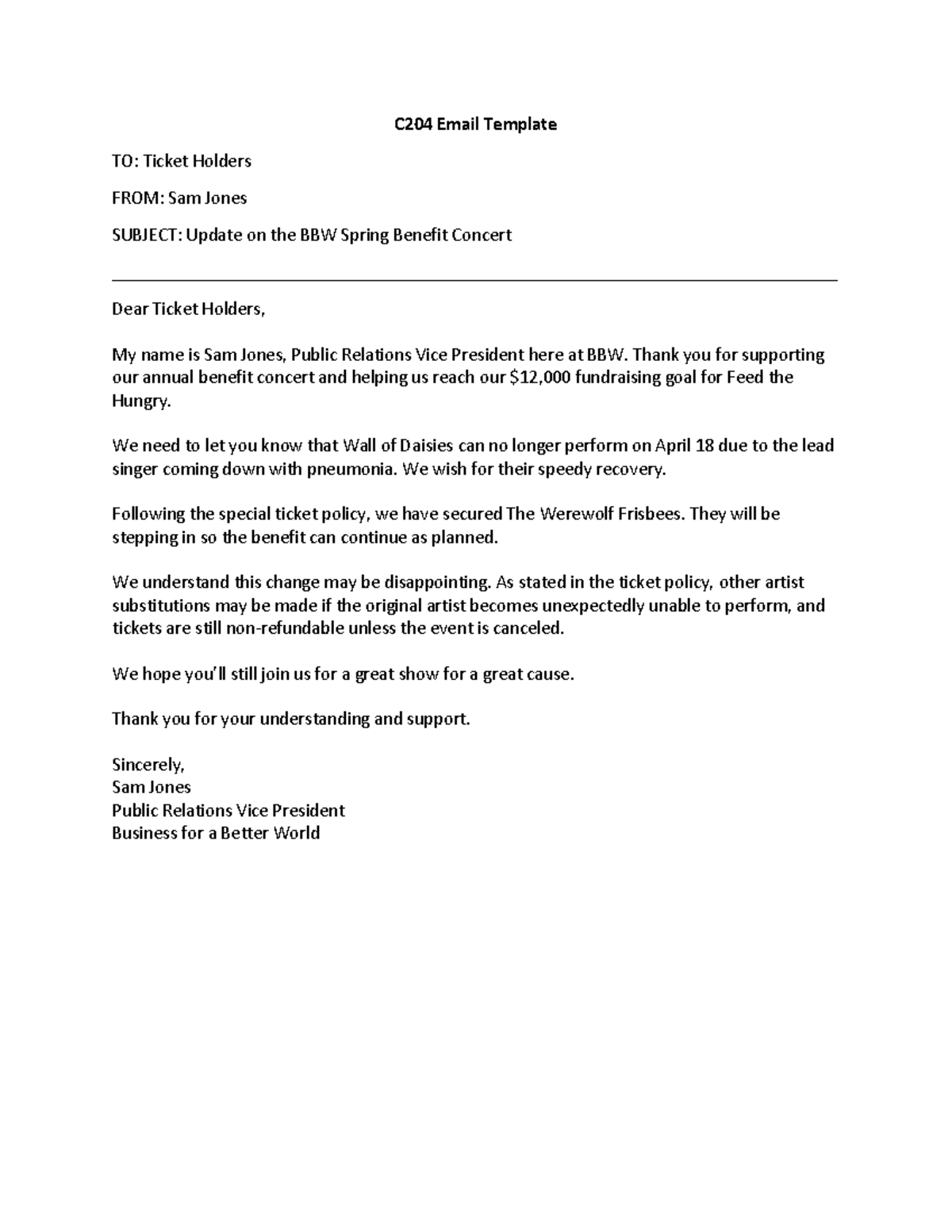 C204 Email Update: BBW Spring Benefit Concert Changes - Studocu