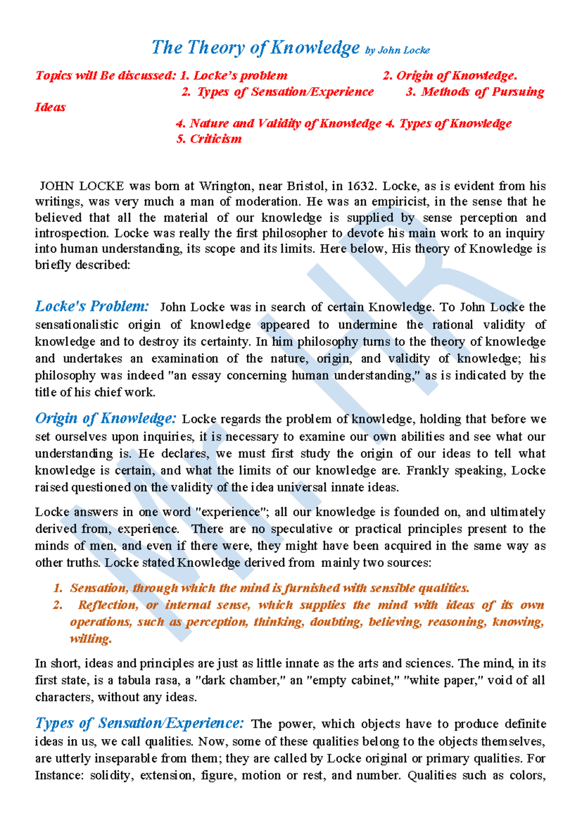 Locke's Theory of Knowledge: Understanding Sensation and Experience ...