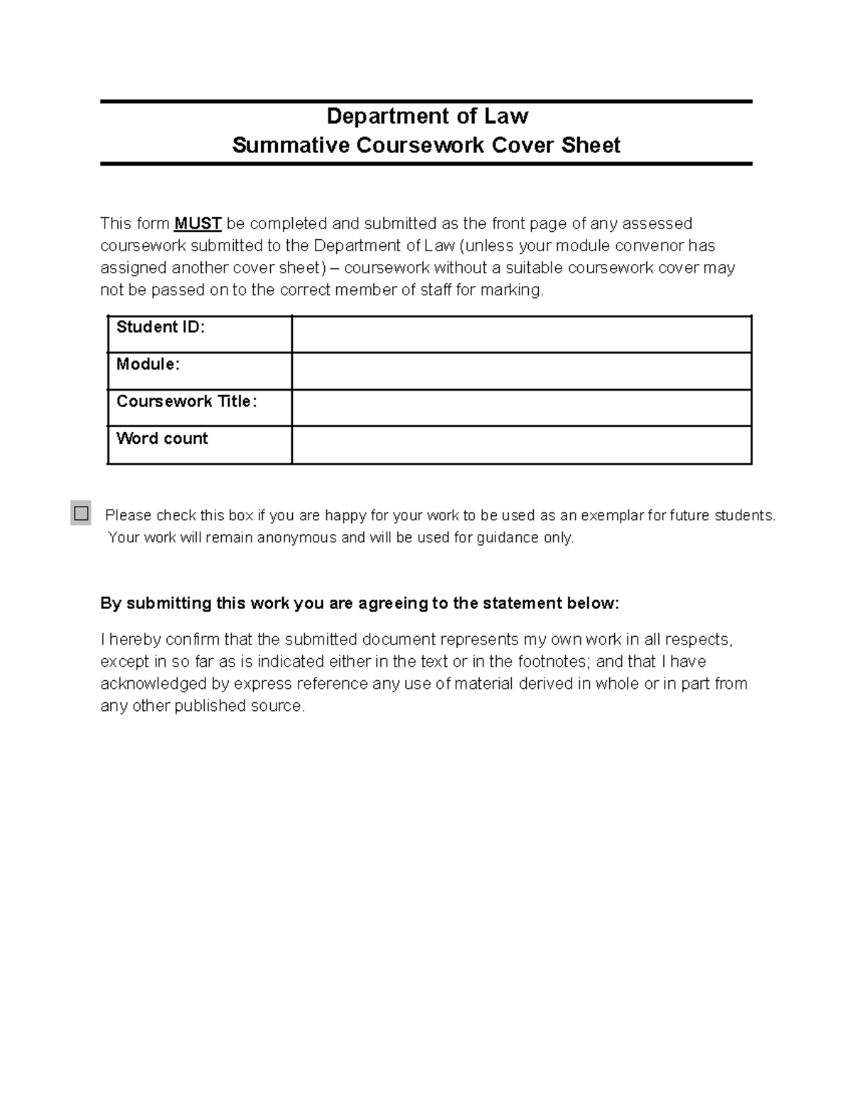 Law Department Summative Coursework Cover Sheet - Studocu