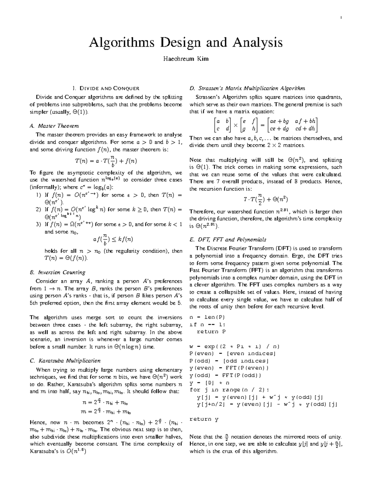 3121 Algorithms Design & Analysis: Divide and Conquer, Greedy, DP Notes ...