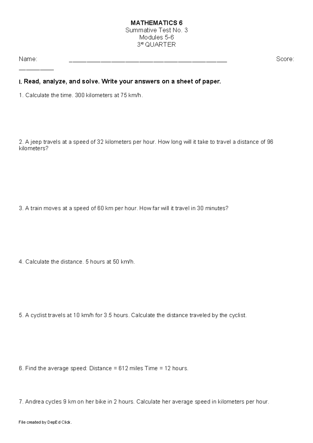 MATH 6 Summative Test No. 3 - 3rd Quarter Problem Set - Studocu
