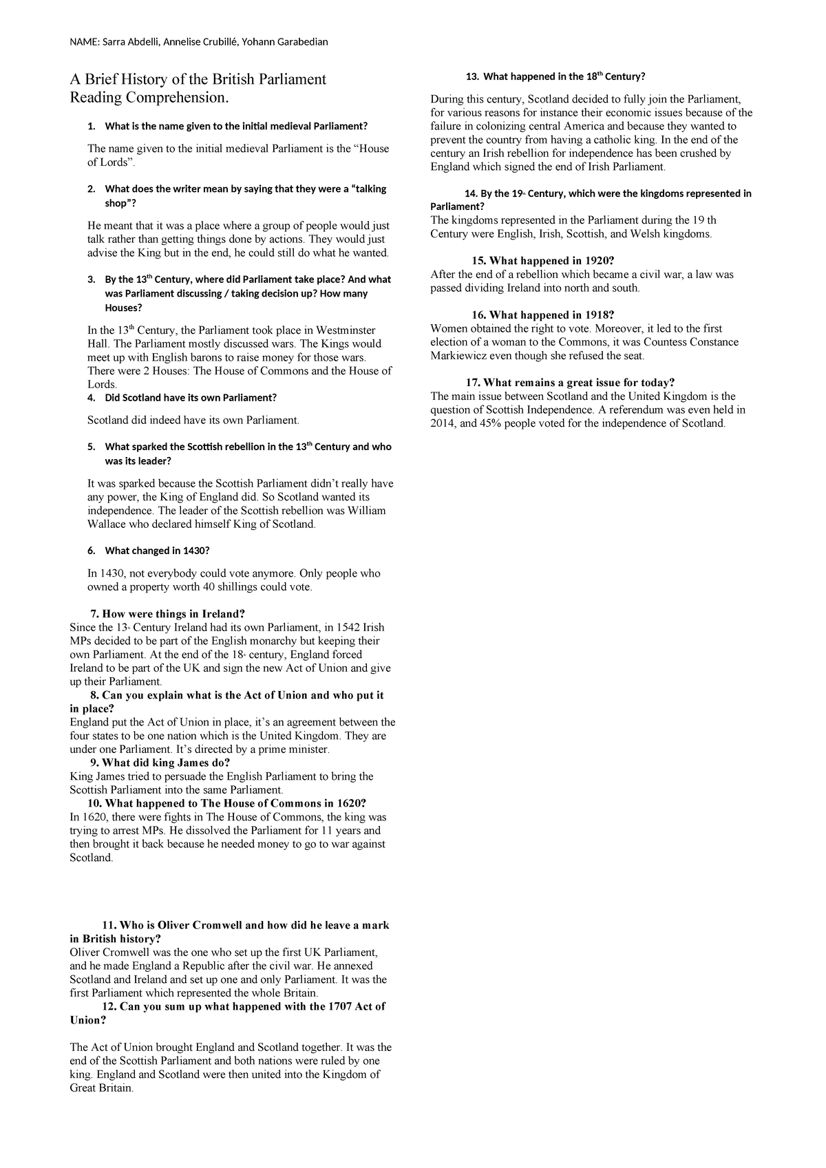 Worksheet - Brief History of British Parliament - BBC article - NAME ...