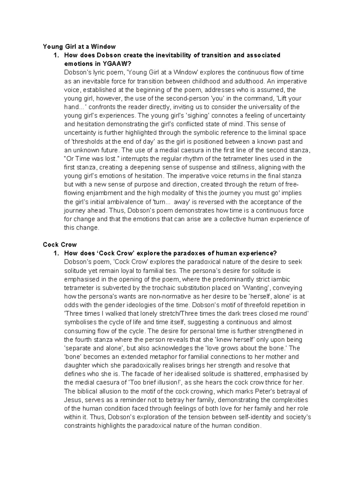 ENG 200 Essay Notes: Analysis of Rosemary Dobson's Poems - Studocu