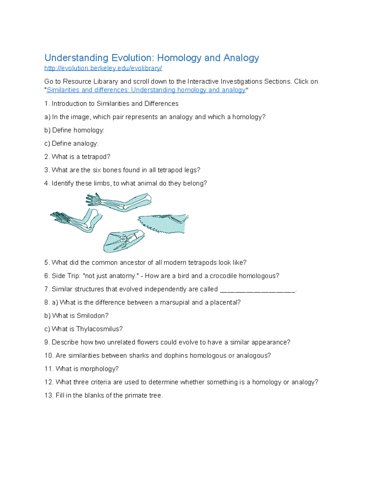 Homologies and Analogies - Understanding Evolution: Homology and ...