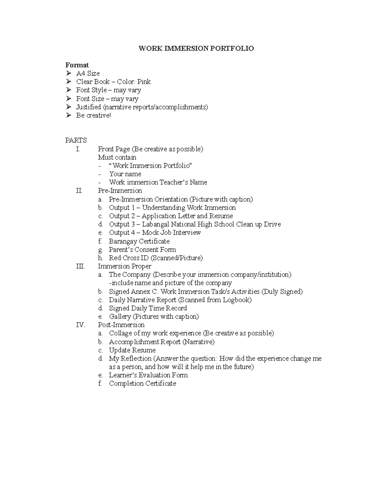 WORK IMMERSION PORTFOLIO: Creative A4 Format Guide - Studocu