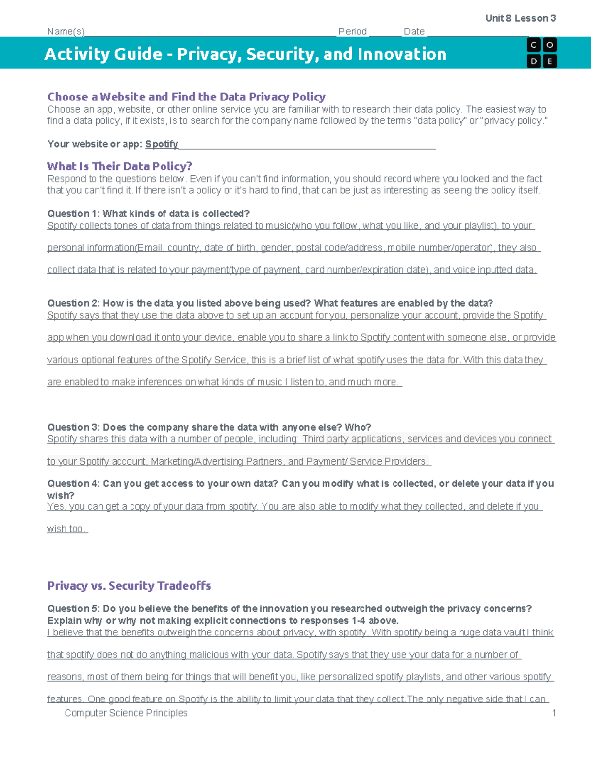 Activity Guide: Privacy, Security, and Innovation - CSP 1 Unit 8 Lesson ...