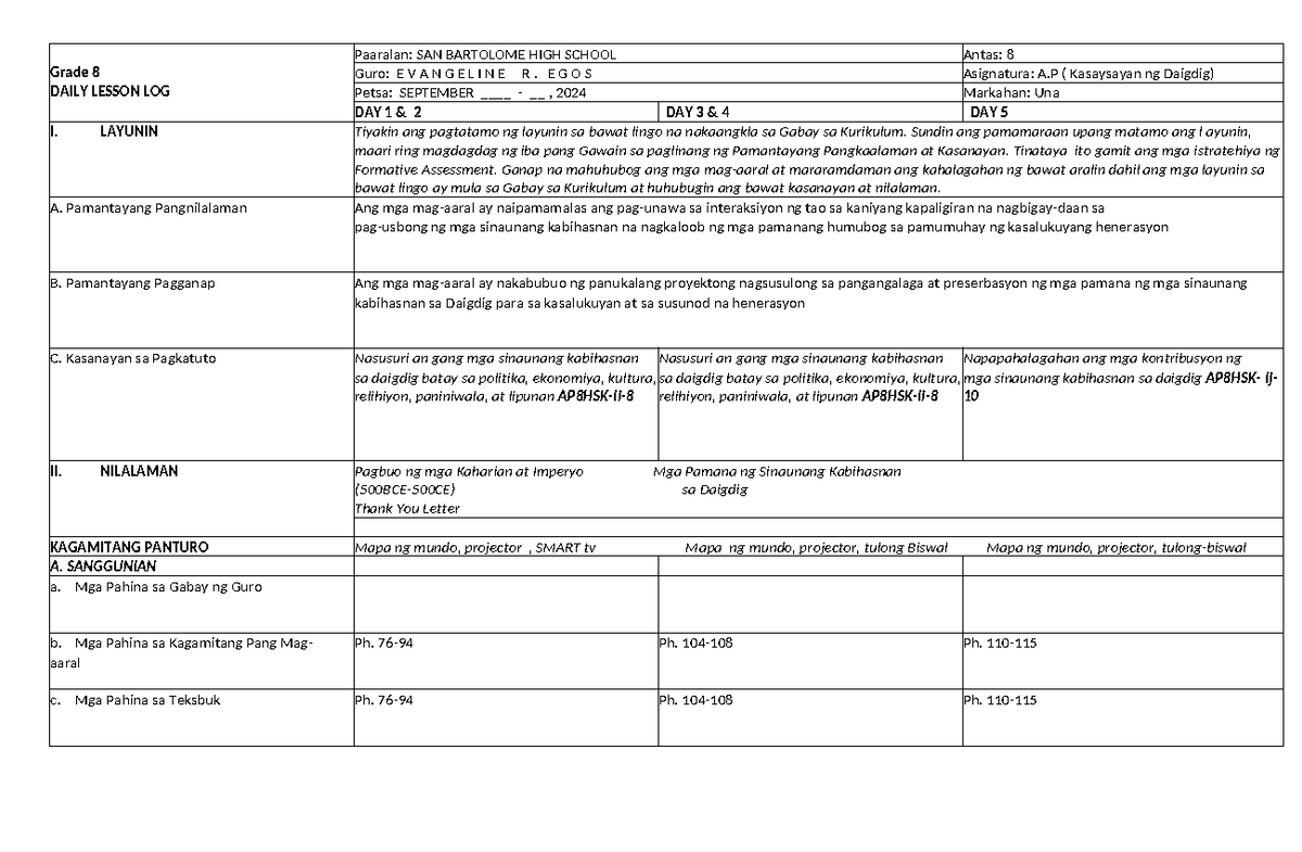 AP 8 Daily Lesson Log: Ancient Civilizations and Their Contributions ...
