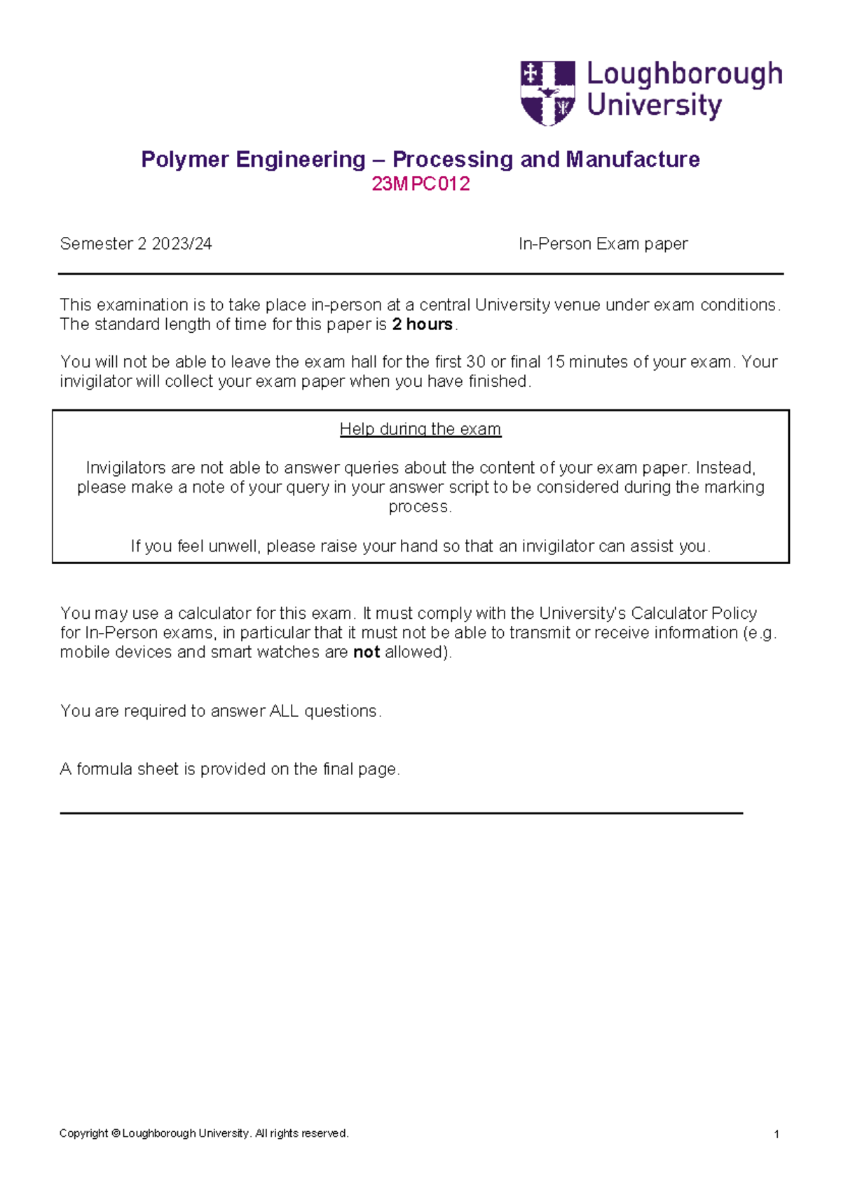 23MPC012 Semester 2 Polymer Engineering Exam Paper - Studocu