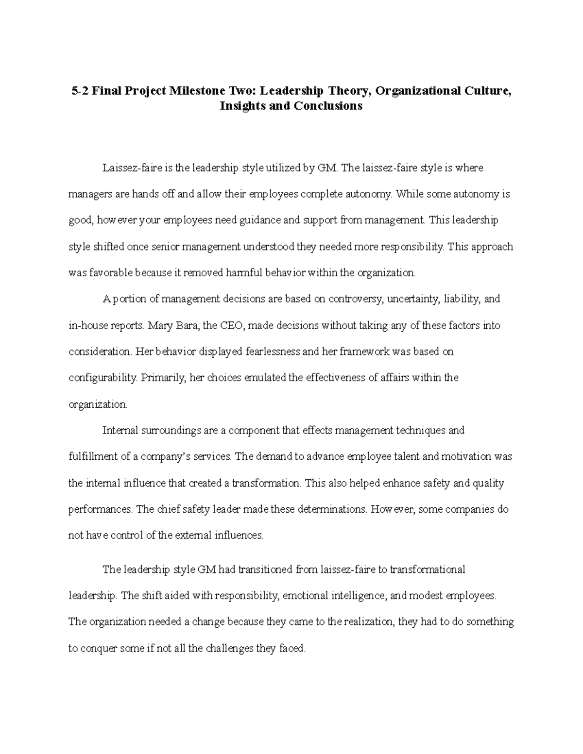5-2 Final Project Milestone Two: Leadership & Culture at GM OL342 - Studocu