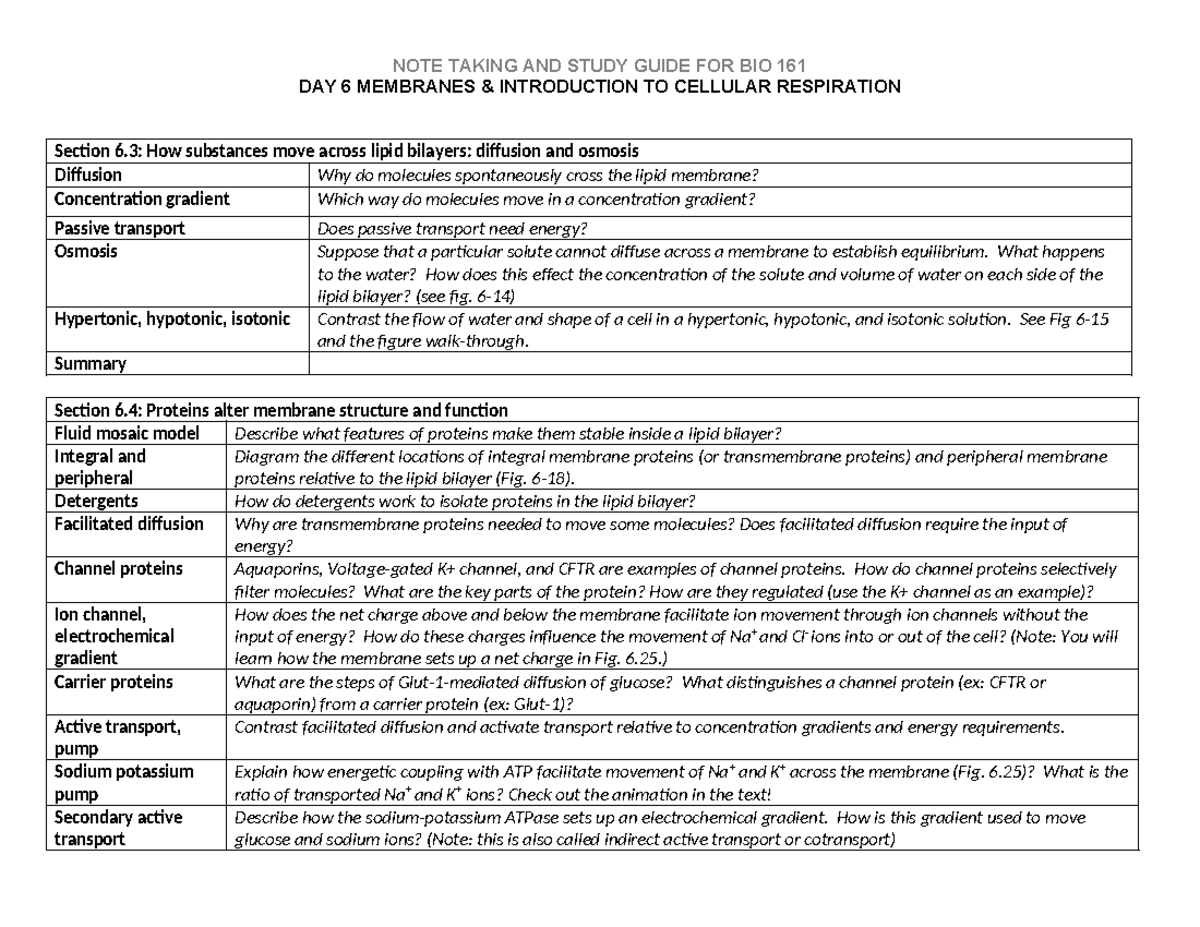 NOTE TAKING AND STUDY GUIDE FOR BIO 161: MEMBRANES & CELLULAR ...