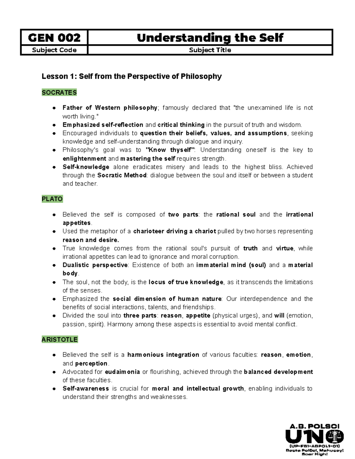 Gen 002 Lesson Notes On Understanding The Self And Its Perspectives