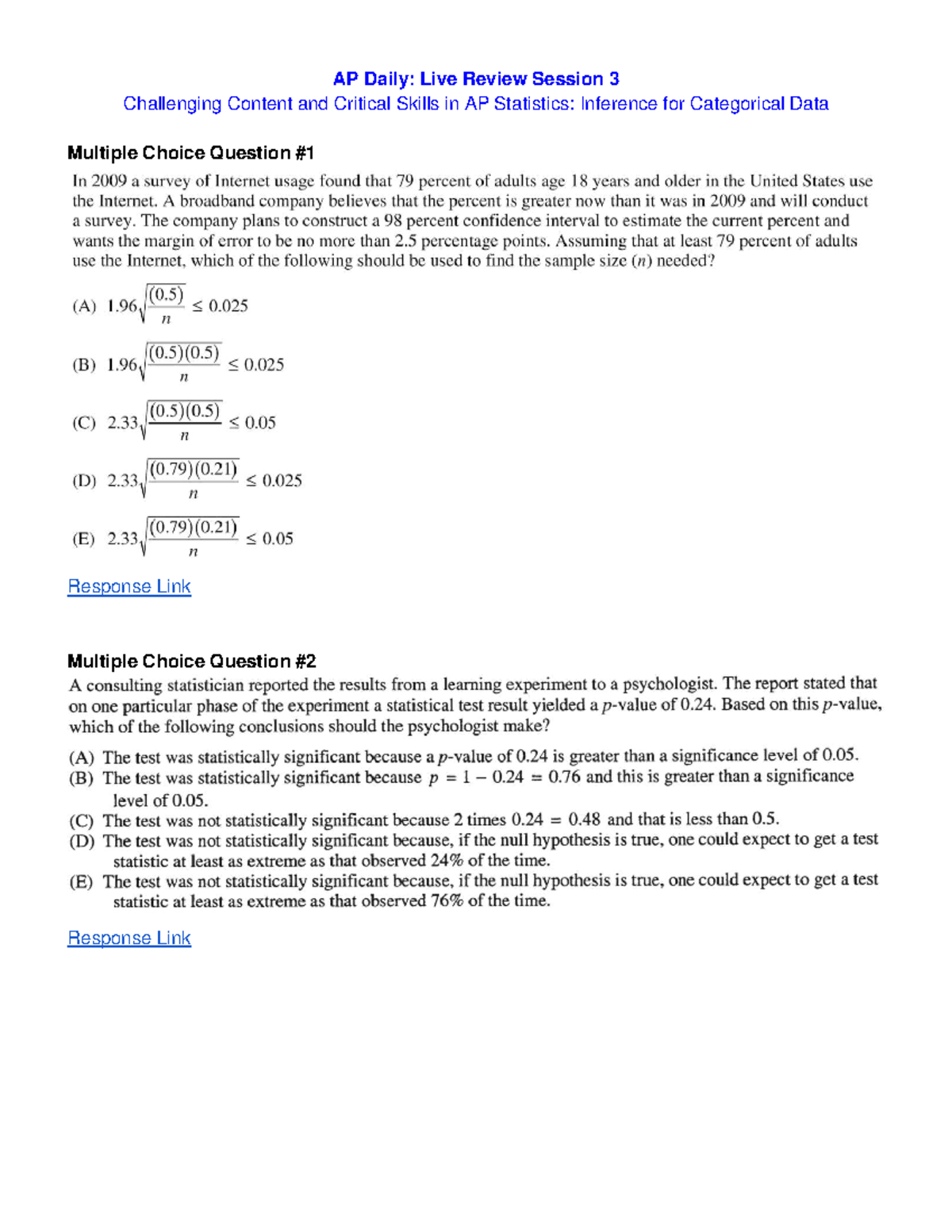 Session 3 Handout - Understanding Inference for Categorical Data - AP ...