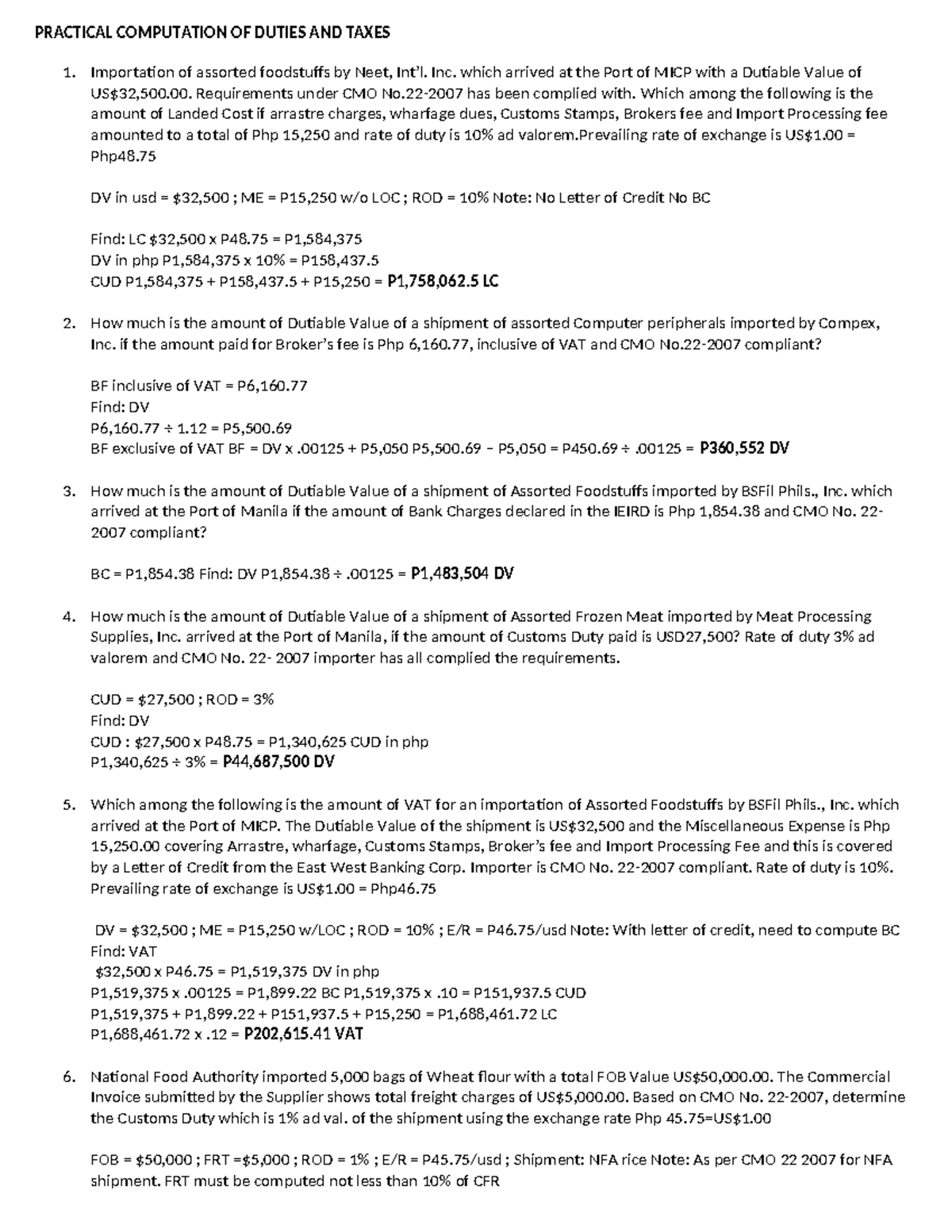 COMPUTATION OF DUTIES & TAXES: CMO No. 22-2007 Analysis - Studocu