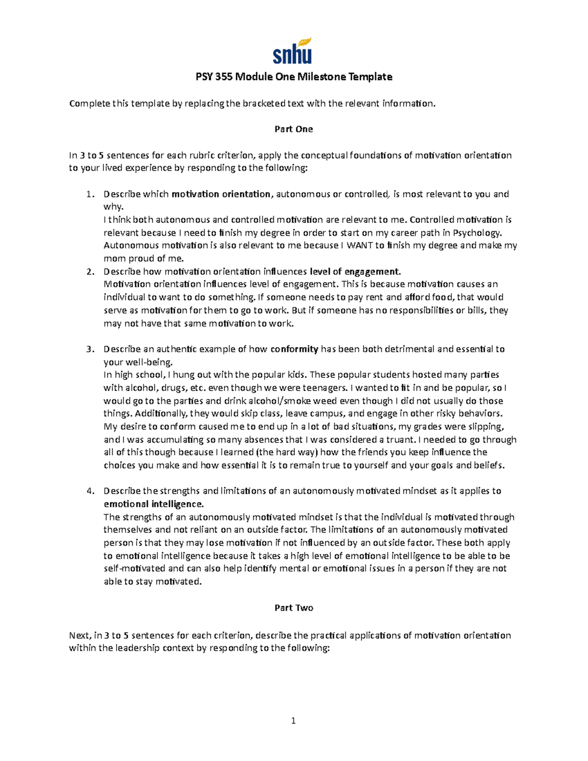 PSY 355 Module 1-2 Milestone: Exploring Motivation Orientation and ...