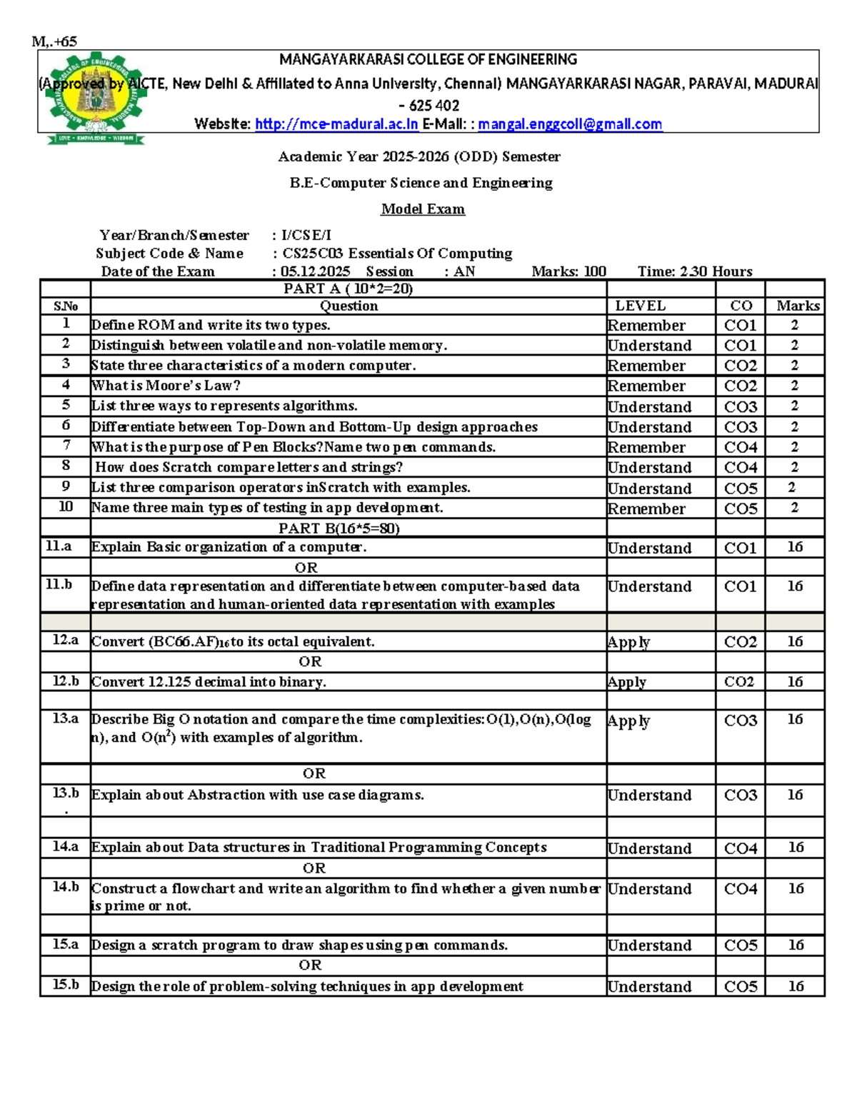 Model Question Bank for CS25C03: Essentials of Computing Exam - Studocu