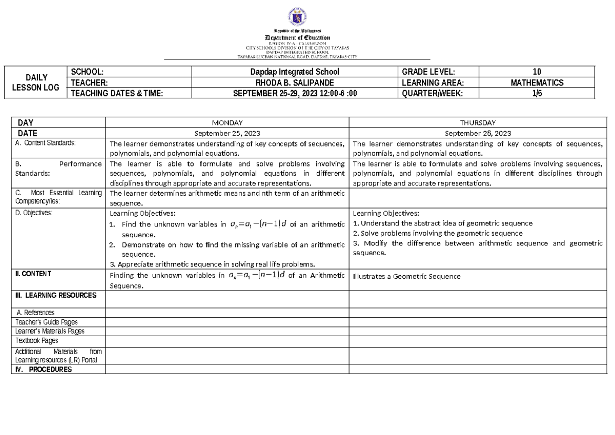 Daily Lesson LOG - DAILY LESSON LOG SCHOOL: Dapdap Integrated School ...