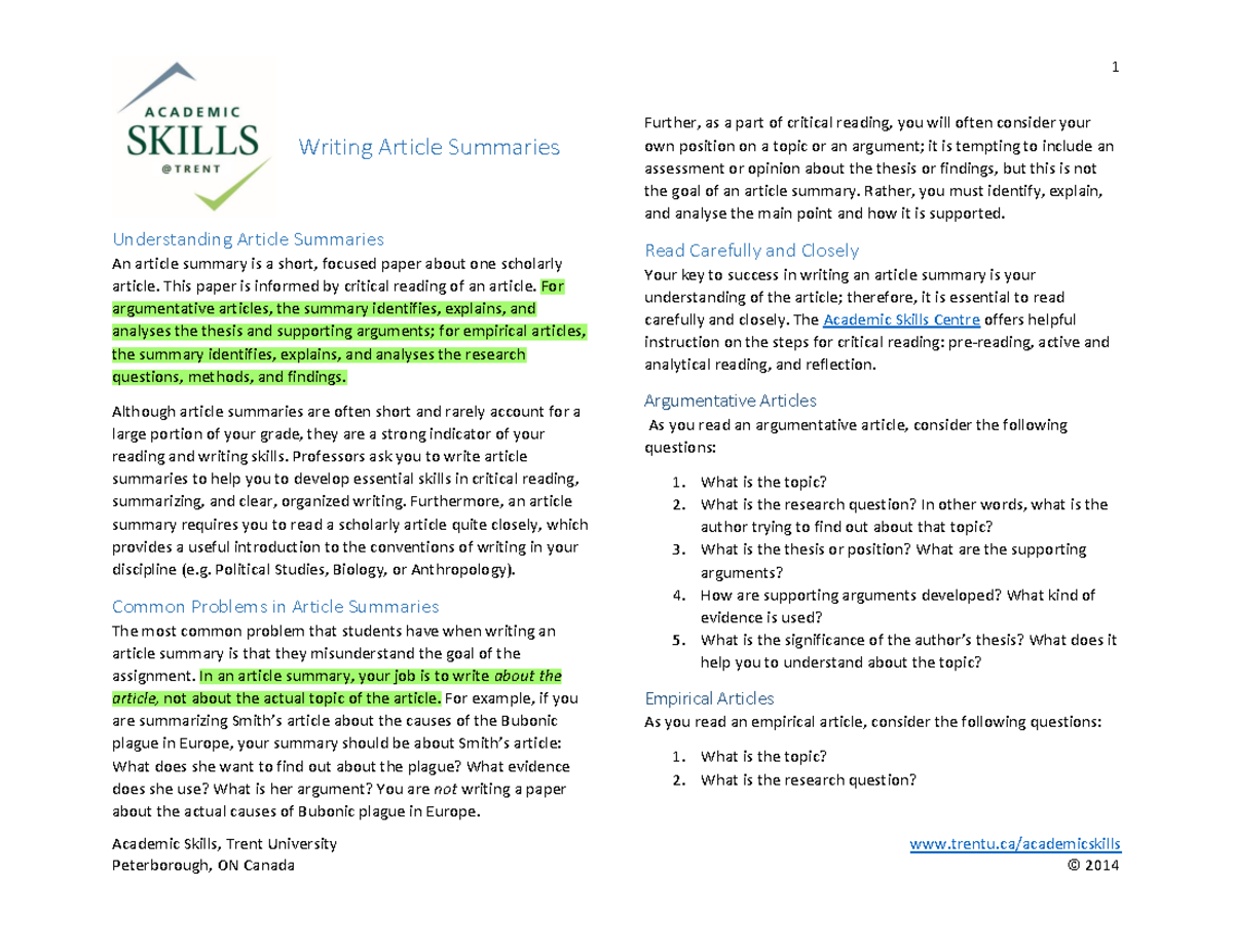 Writing-Article-Summaries - 1 Academic Skills, Trent University trentu ...