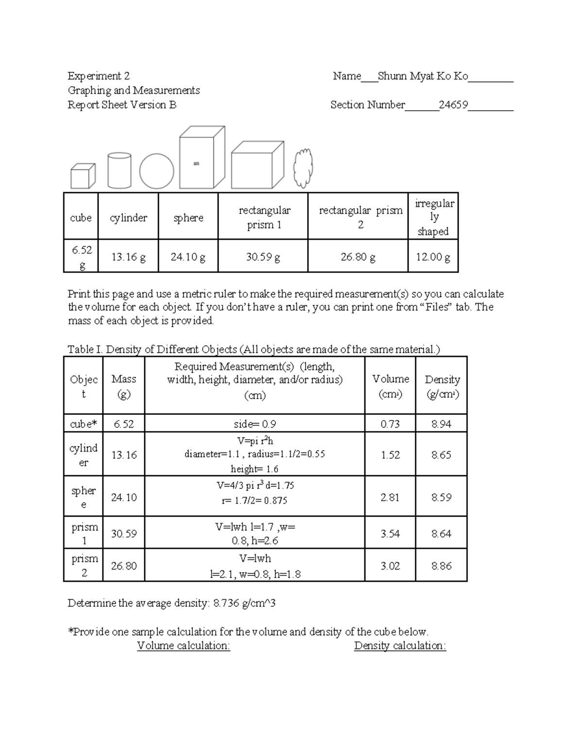 Exp 2 - experiment: measurements - Experiment 2 Name___Shunn Myat Ko Ko ...