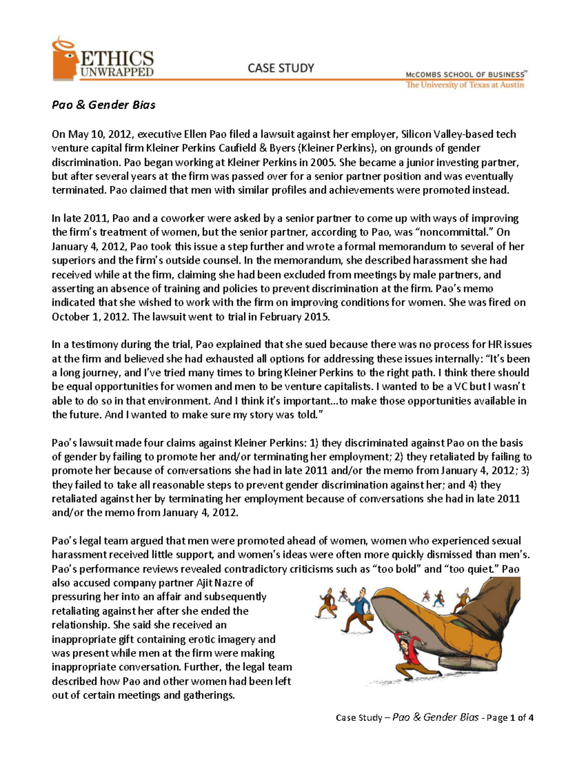 Case Study: Pao vs. Kleiner Perkins on Gender Bias (ETHICS 101) - Studocu