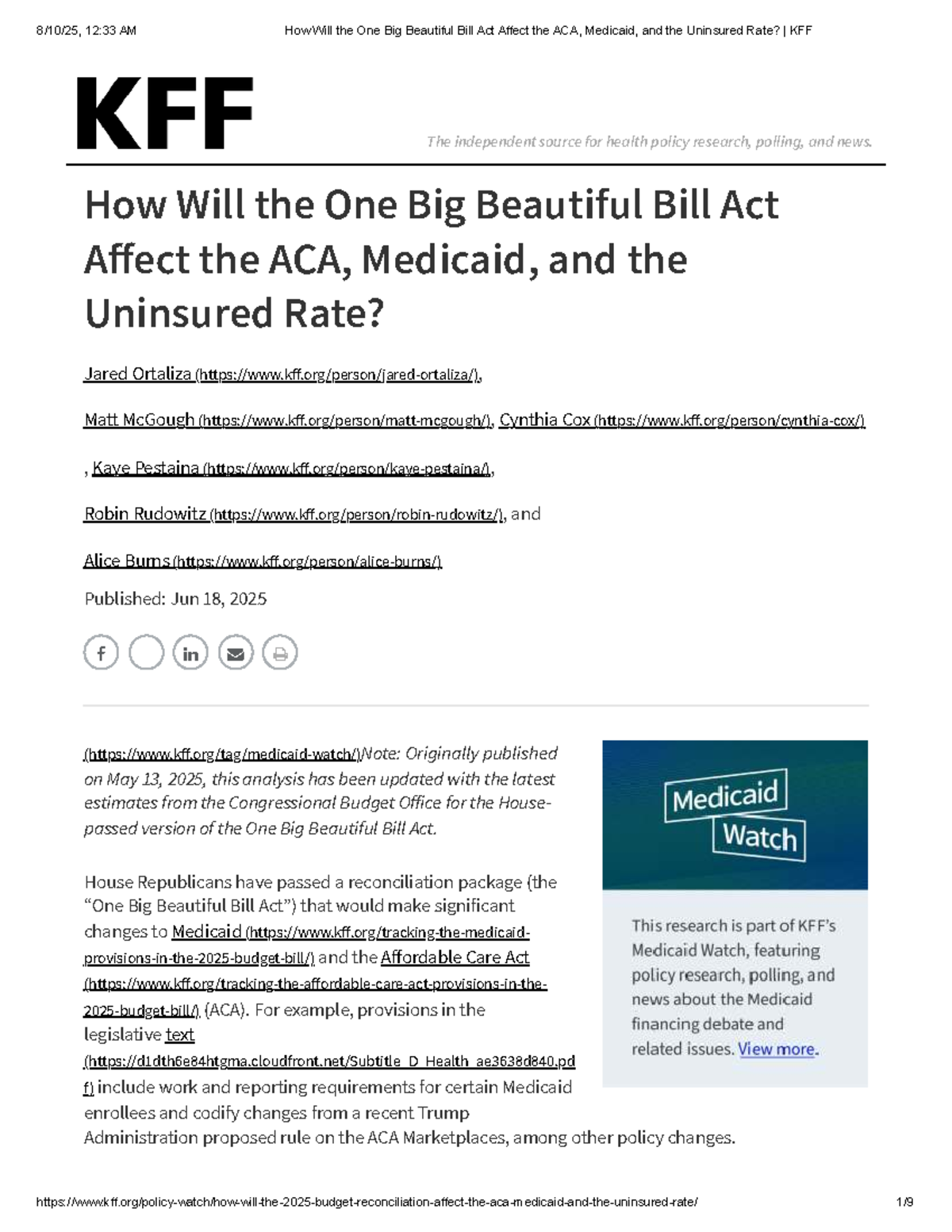 How the One Big Beautiful Bill Act Affects ACA & Medicaid: KFF Analysis ...