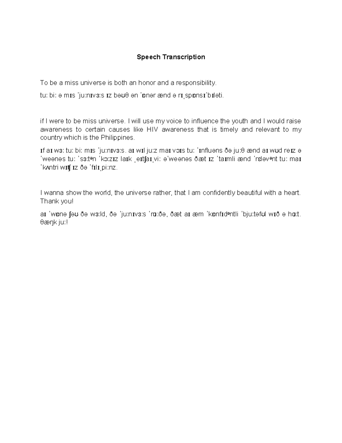 Speech Transcription: Miss Universe Aspirations and Responsibilities ...