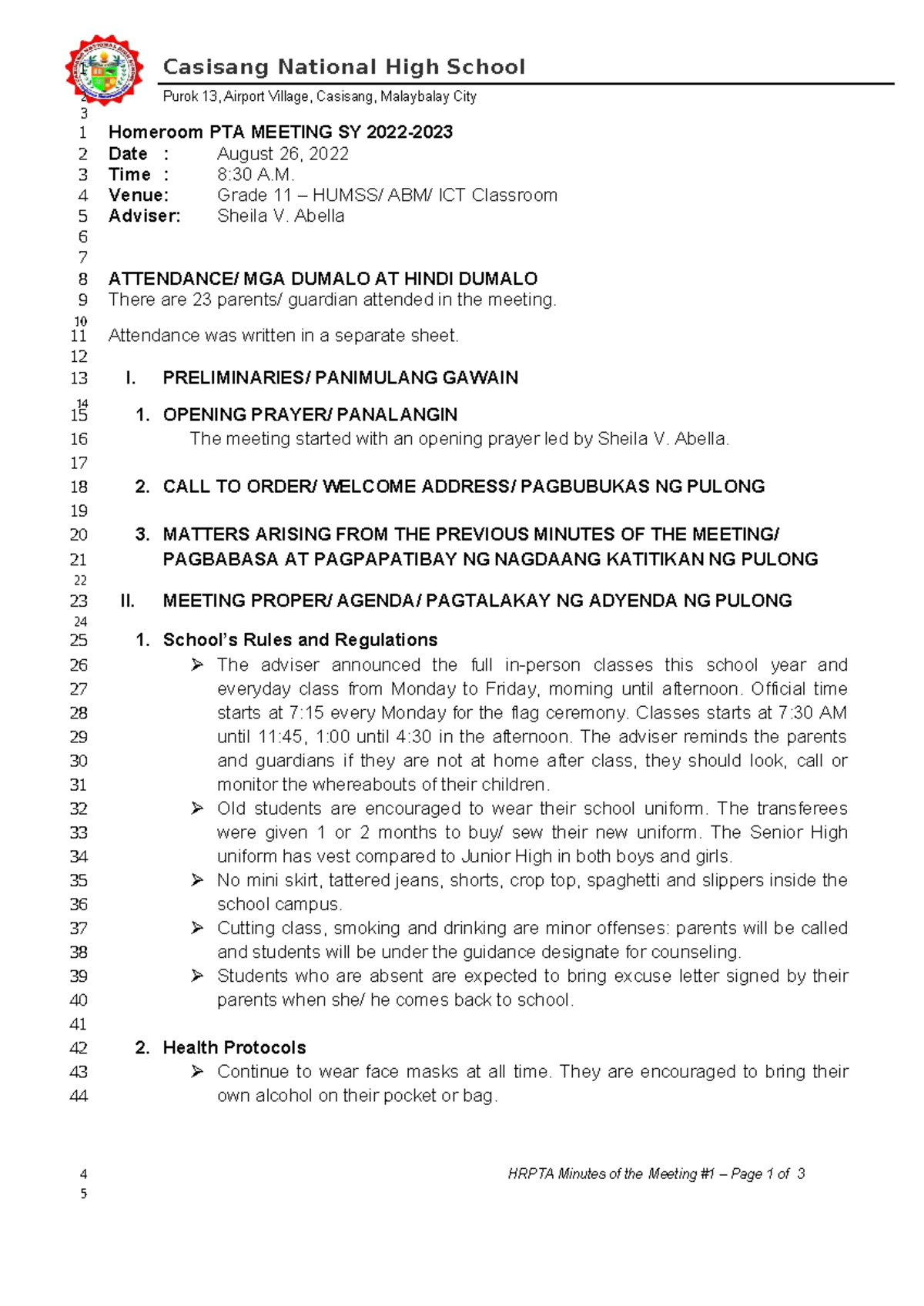 HRPTA Meeting Minutes - Grade 11 HUMSS/ABM/ICT - Aug 2022 - Studocu