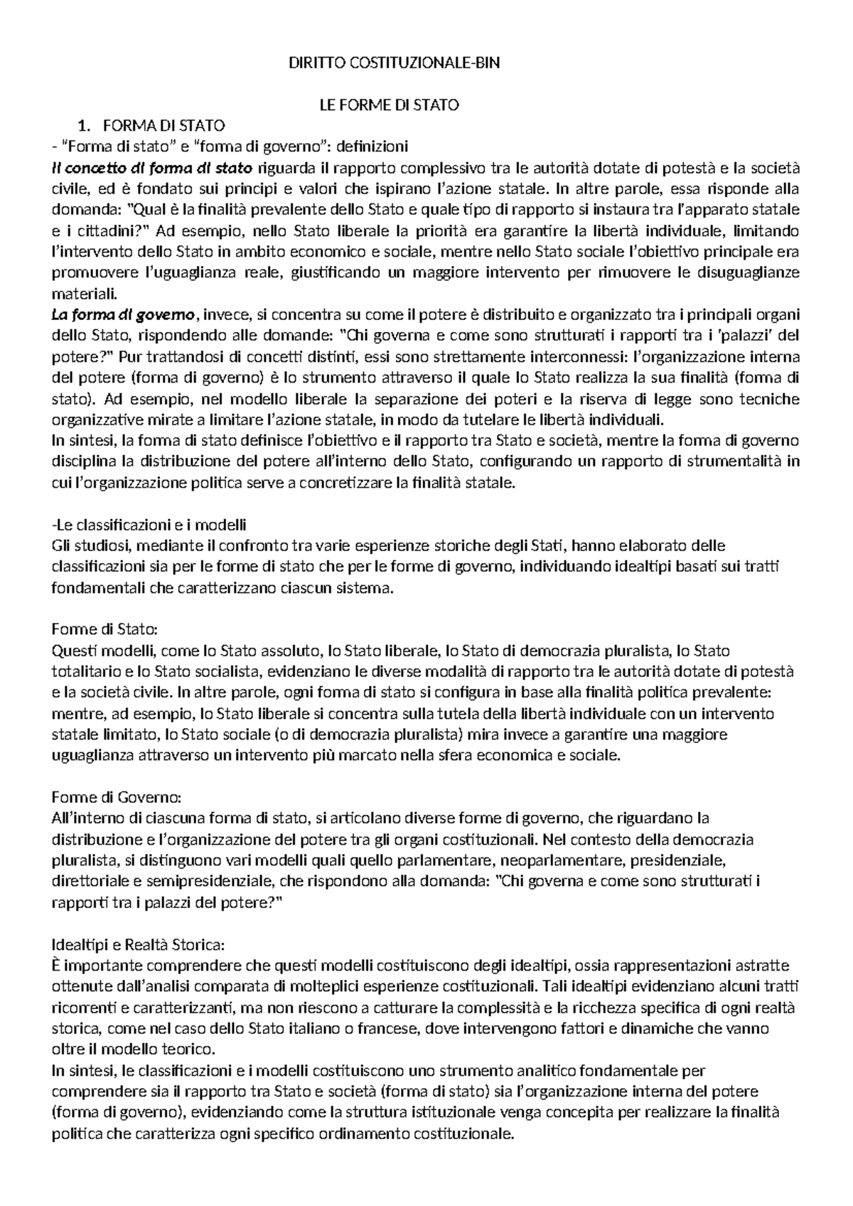 DIRITTO COSTITUZIONALE: FORME DI STATO E GOVERNO - ESAME COMPLETO - Studocu