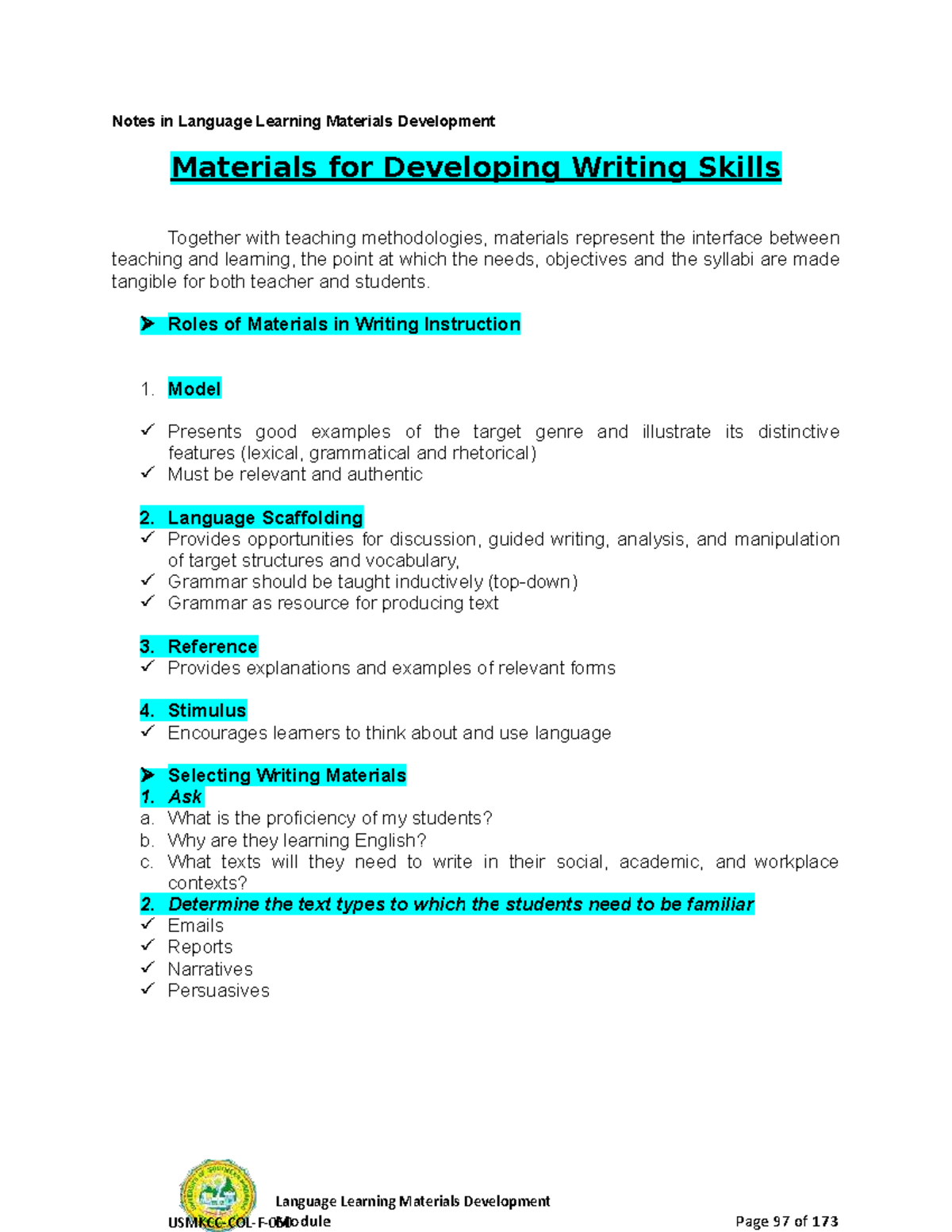 Materials for Enhancing Writing Skills: Language Development Strategies - Studocu