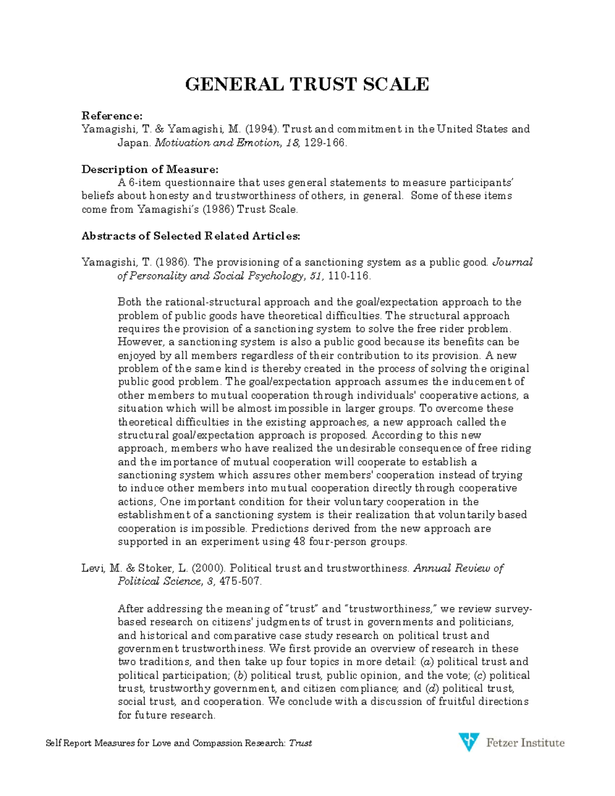 Trust Measures: General Trust Scale and Trust in People Scale - Studocu