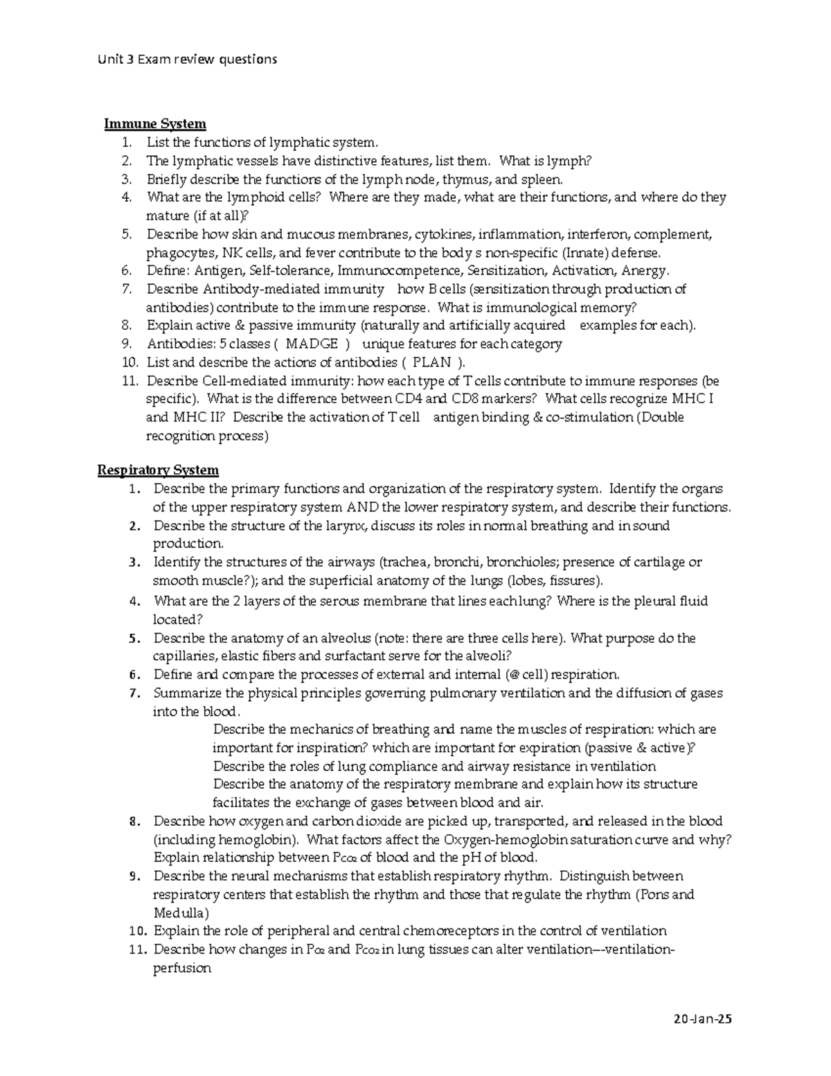 Unit 3 Exam Review: Immune, Respiratory & Urinary Systems (Ch 27 ...